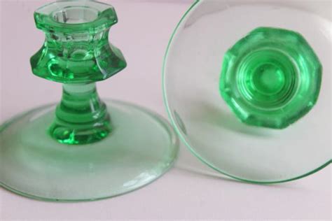 1920s 1930s Vintage Depression Glass Candlesticks Uranium Green Glass