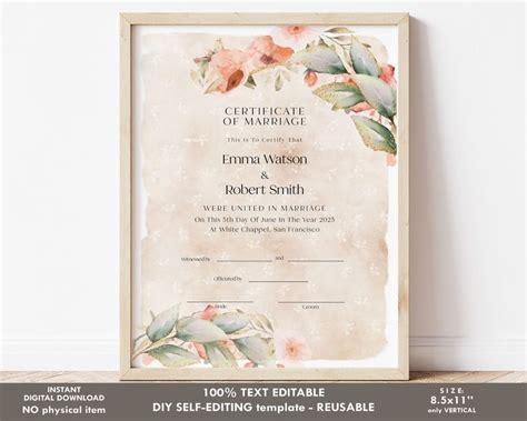 Marriage Certificate Template Editable Printable Certificate Etsy In