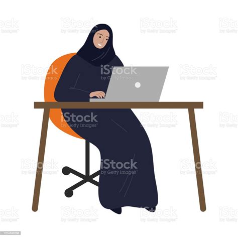 노트북으로 작업 하는 전통적인 민족 히잡에서 무슬림 비즈니스 여자 플랫 만화 스타일의 벡터 일러스트레이션입니다 단정한 의류에