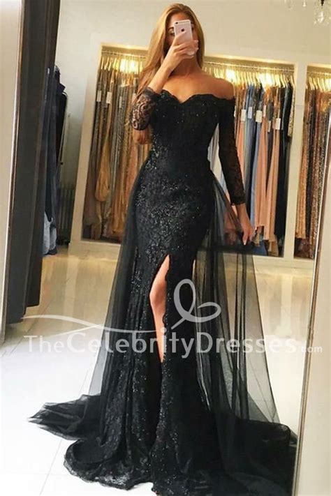 Elegant Black Lace Off Shoulder Evening Gown Formal Dresses Thecelebritydresses