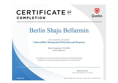 Completed Vulnerability Management Course By Qualys Berlin Shaju