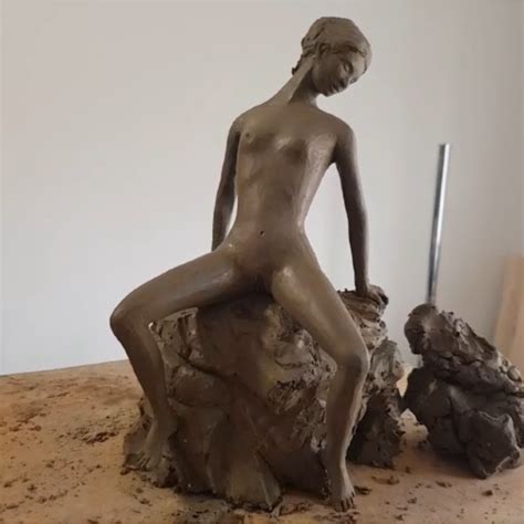 Hand Carved Wooden Erotic Statue Girl On Stone Extasica