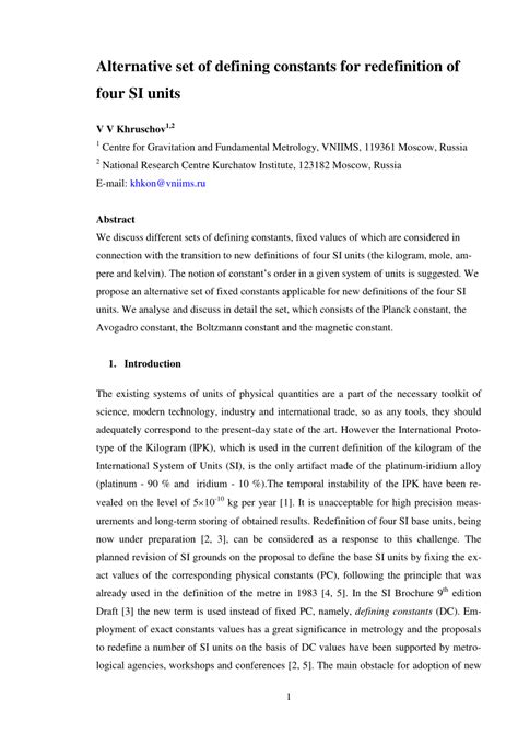 Pdf Alternative Set Of Defining Constants For Redefinition Of Four Si Units
