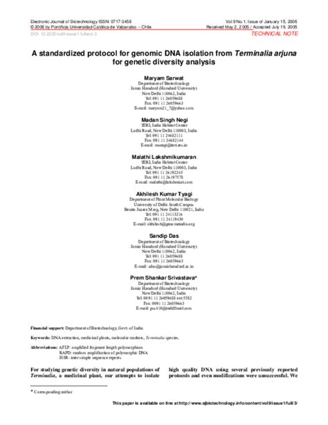 Pdf A Standardized Protocol For Genomic Dna Isolation From Terminalia Arjuna For Genetic
