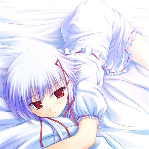 Safebooru 1girl Bed Sheet Blue Hair Hair Ribbon Mediaworks Morimiya