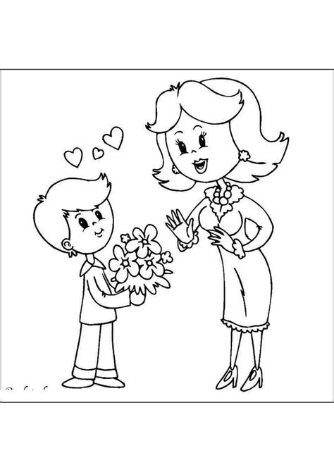 Раскраска цветы поздравление Мальчик дарит цветы