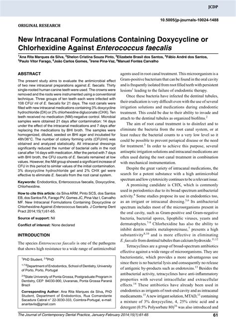 Pdf New Intracanal Formulations Containing Doxycycline Or Chlorhexidine Against Enterococcus