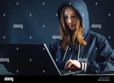Girl Hacker Uses A Laptop To Hack The System Stealing Personal Data Creation And Infection Of