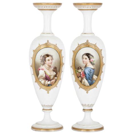 Pair Of French Floral Opaline Glass Vases By Baccarat For Sale At