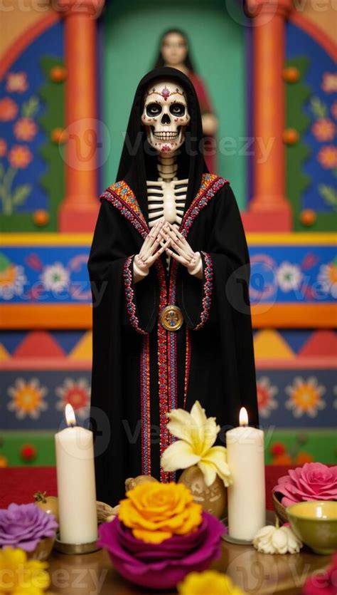 A Depiction Of La Santa Muerte As A Skeletal Figure With Robed Clothing