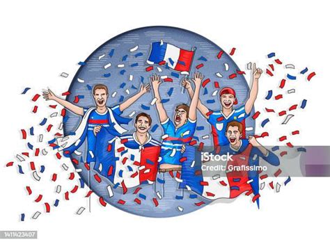 프랑스의 국기로 축하하는 다섯 명의 프랑스 축구 팬 그룹 프랑스 국기에 대한 스톡 벡터 아트 및 기타 이미지 프랑스 국기 색종이 조각 스포츠인 Istock