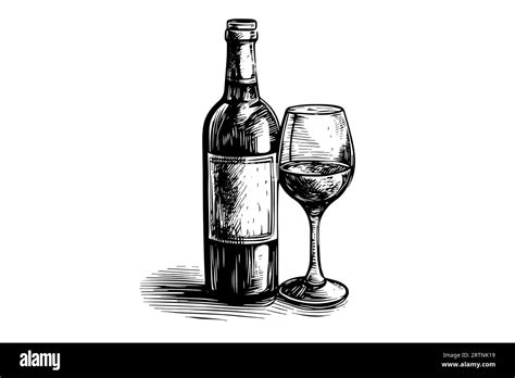 Wine Bottle And Glass Hand Drawn Engraving Sketch Style Vector
