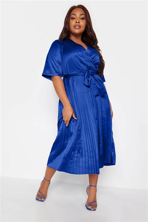 Yours London Plus Size Blue Satin Pleated Wrap Dress Yours Clothing
