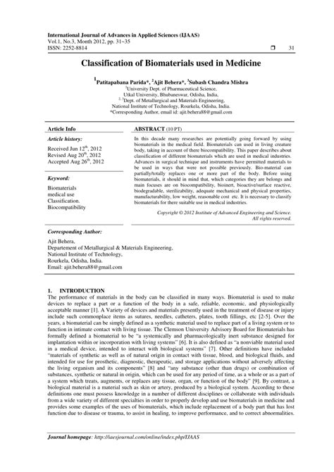 Pdf Classification Of Biomaterials Used In Medicine