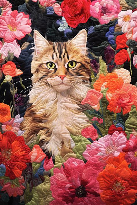 Quilted Cat In The Flower Garden Digital Art By Peggy Collins Fine