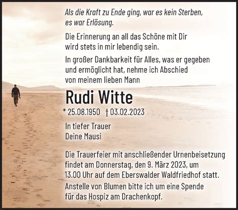 Traueranzeigen von Rudi Witte Märkische Onlinezeitung Trauerportal