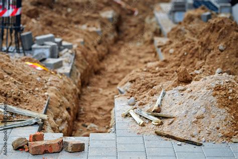 Trench In Paved Sidewalk Pipeline Repair Work Emergency Road