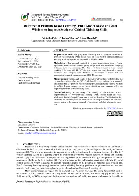 Pdf The Effect Of Problem Based Learning Pbl Model Based On Local