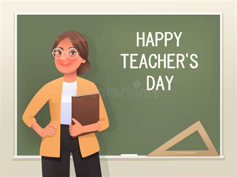 Happy Teachers Day A Woman Teacher In Glasses Stands Against The