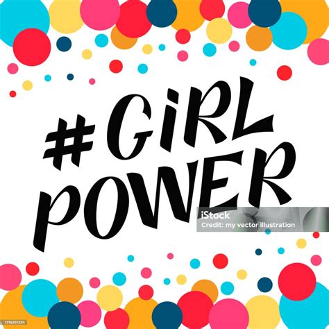 여러 가지 빛깔의 원으로 배경에 소녀 전원 비문 Grl Pwr 손 글자 페미니스트 슬로건 관용구 말하기 티셔츠 스웨트셔츠 또는