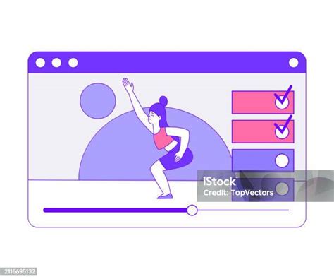 여자 트레이너 캐릭터 통하고 있는 컴퓨터 화면 하는 스포츠 와 피트니스 온라인 훈련 와 운동 벡터 일러스트 가냘픈에 대한 스톡