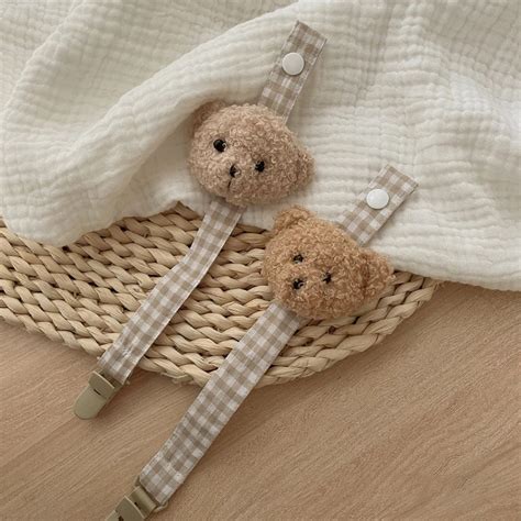 귀여운 곰 격자 무늬 면 젖꼭지 체인 클립 아기 간호 Teether 노리개 홀더 클립 Diy 더미 젖꼭지 홀더 가죽 끈 스트랩