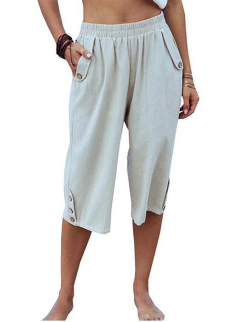 Symoid Cotton Linen Capris Pants For Women Casual Solid With Pockets