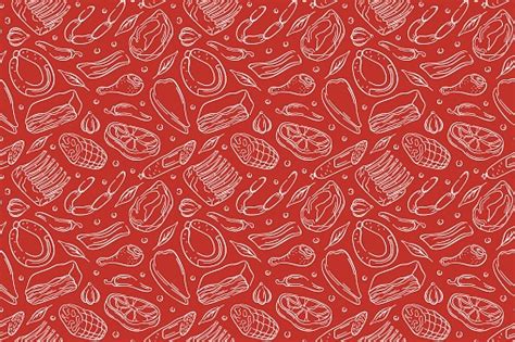 라인 아트 고기 스테이크 소시지 베이컨 드럼 스틱 마늘 칠리가 있는 완벽한 패턴 허브와 향신료는 빨간 배경에 있습니다 정육점 델리 포장 또는 주방 디자인에 적합합니다 갈비