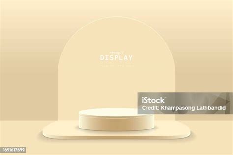 3d 갈색 실린더 연단 받침대는 클린 룸과 아치 모양에서 사실적입니다 모형을 위한 최소한의 벽 장면 쇼케이스 3d 벡터 기하학적 형태 프리젠테이션 또는 프로모션을 위한 제품