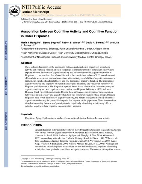Pdf Association Between Cognitive Activity And Cognitive Function In Older Hispanics
