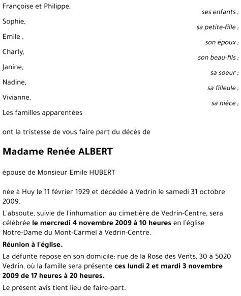 Avis De Décès De Renée Albert Décédé Le 31 10 2009 à Vedrin Annonce