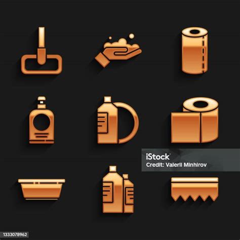 식기 세척 액상 병 및 접시 청소제 용 병 거품이있는 스폰지 화장지 롤 플라스틱 분지 손 소독제 종이 타월 및 걸레 아이콘을