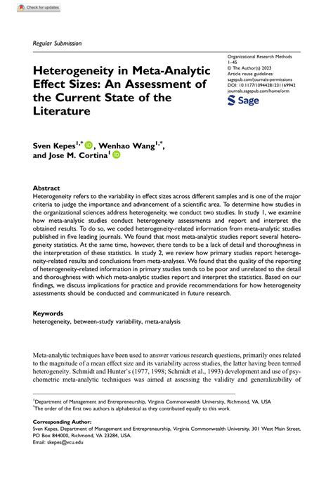 Pdf Heterogeneity In Meta Analytic Effect Sizes An Assessment Of The Current State Of The