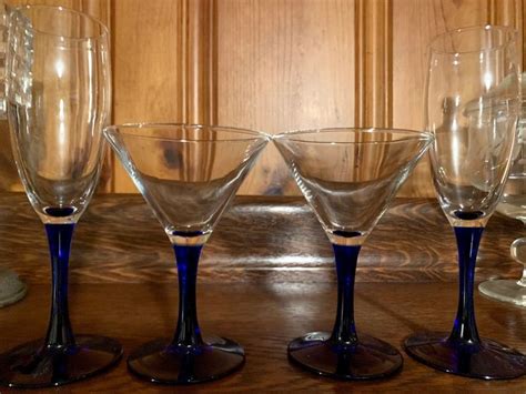 Vintage Luminarc France Stemware Clear Bowl And Cobalt Blue Stem