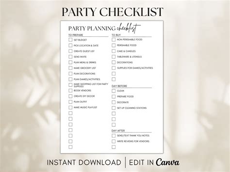 Party Checklist Printable Birthday Party Checklist Template Etsy