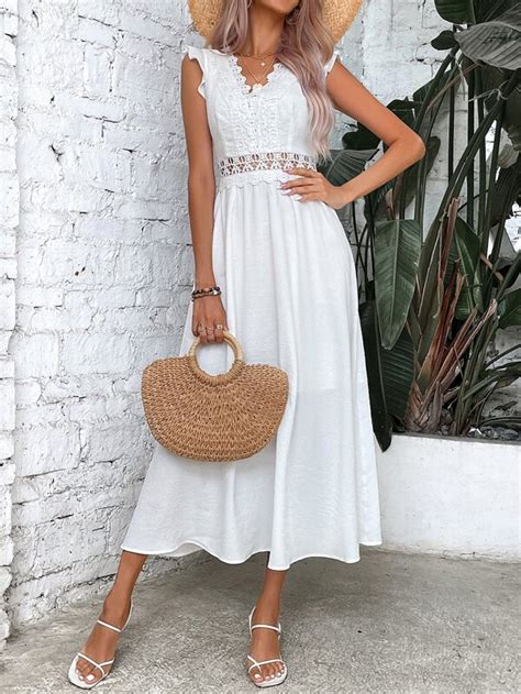 Shein Vcay Guipure Lace Panel Ruffle Trim Dress Shein Usa