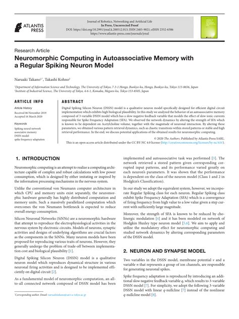 Pdf Neuromorphic Computing In Autoassociative Memory With A Regular Spiking Neuron Model