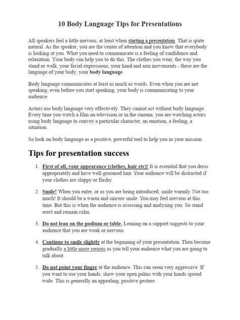 10 Tips Of Body Language Pdf Body Language Human Communication