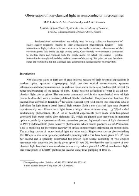 Pdf Observation Of Non Classical Light In Semiconductor Microcavities