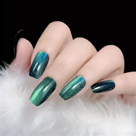 Handmade Green Nails Reflective Glitter Press Nails Temu