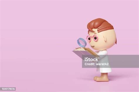 3d 만화 소년 캐릭터는 분홍색 배경에 분리된 돋보기 아이콘으로 책을 펼친다 연구 연구 개념 3d 렌더링 일러스트레이션 클리핑