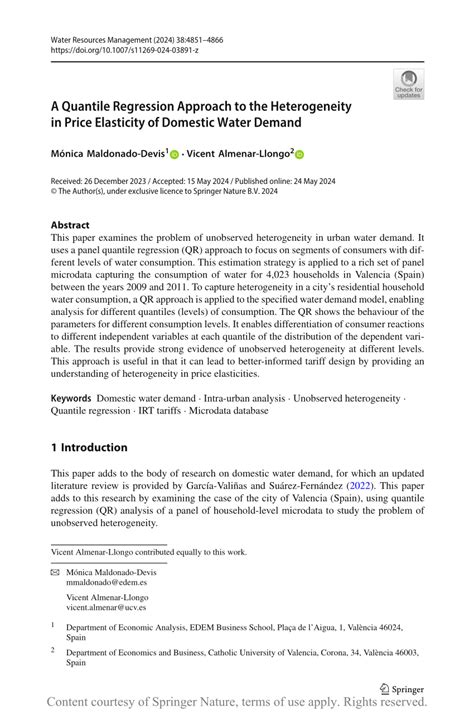 A Quantile Regression Approach To The Heterogeneity In Price Elasticity Of Domestic Water Demand