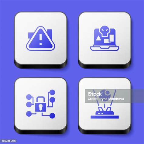 삼각형 인터넷 불법 복제 사이버 보안 및 홀로그램 아이콘에 느낌표를 설정합니다 흰색 사각형 버튼입니다 벡터 가상현실에 대한 스톡 벡터 아트 및 기타 이미지 Istock