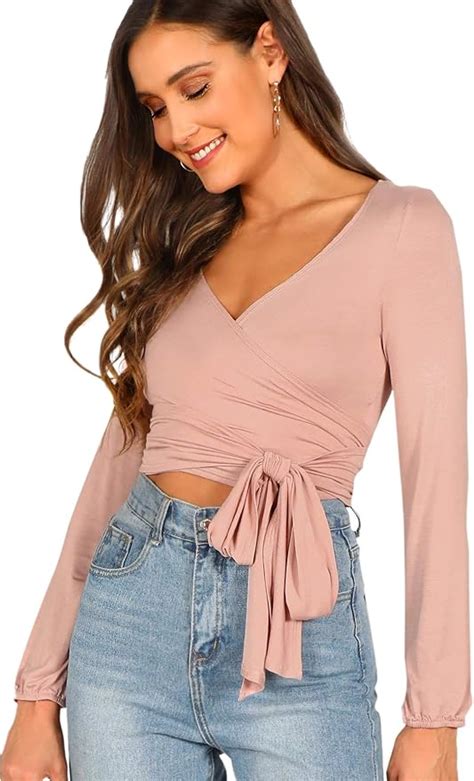 Didk Damen Crop Tops Bauchfrei T Shirts Wrap Langarmshirt Wickeln Shirts Amazonde Bekleidung