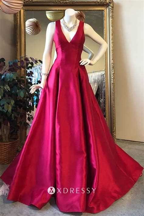 V Neck Sleeveless Ruby Red Satin Long Prom Dress Xdressy