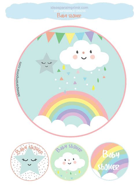 KIT de Baby Shower LLUVIA DE AMOR NUBES Y ARCOÍRIS para imprimir
