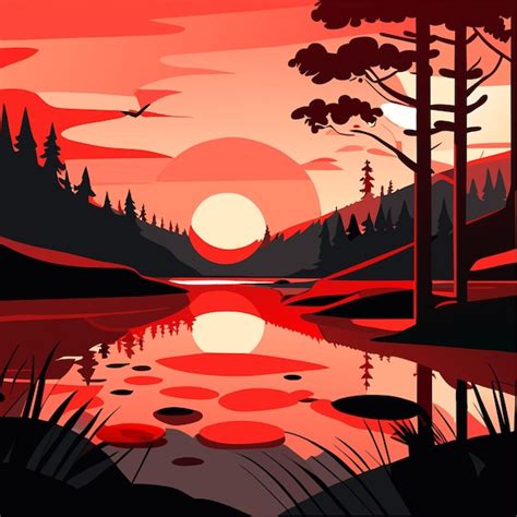 Premium Vector Sunset On Lake Red Sky With Sun Going Down The Pond