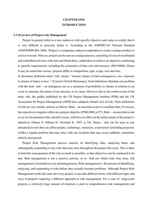 CHAPTER ONE PROJECT RISK MANAGEMENT