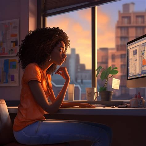 Premium Ai Image Woman Sitting At A Desk With A Computer And A Plant