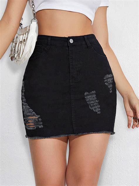 High Waist Ripped Raw Hem Bodycon Denim Skirt Short Black Skirt High Waisted Denim Skirt